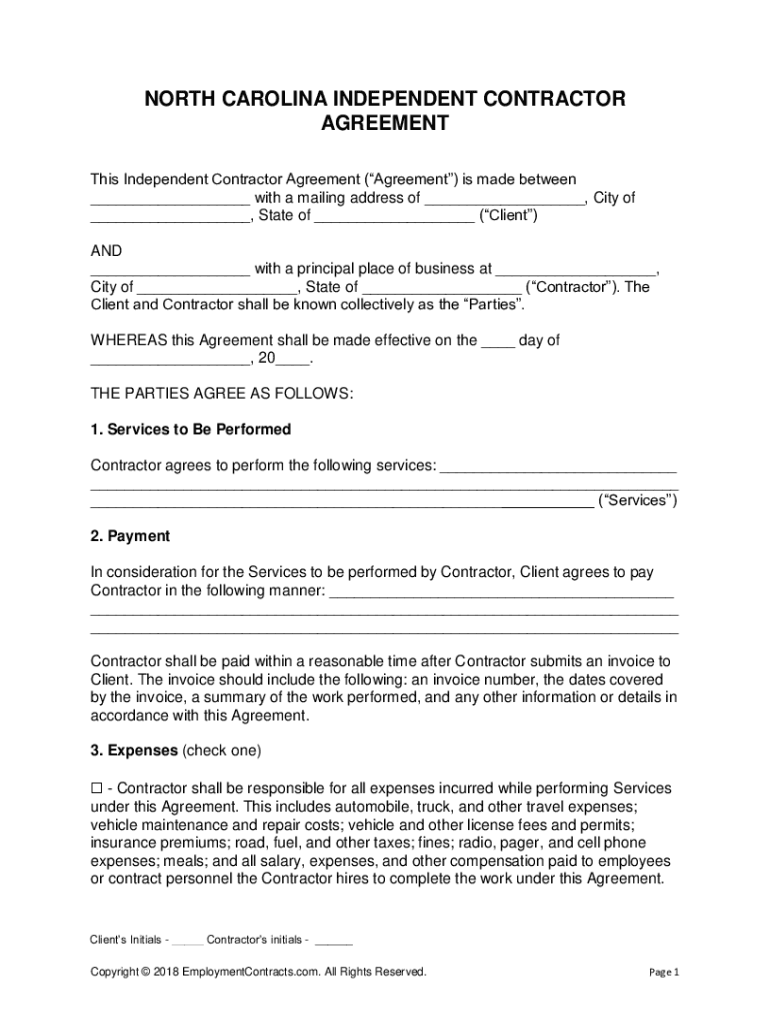 Fillable Online North Carolina Independent Contractor Agreement Fax ...