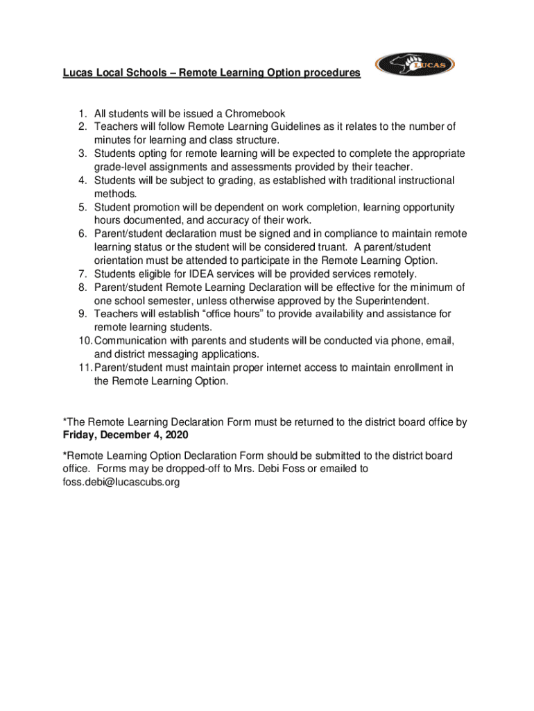 Fillable Online Remote Learning Option procedures 1. All students will be ... Fax Email Print ...