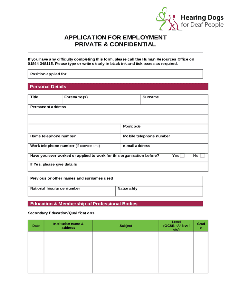 Application For Employment. Private & Confidential: Doc Template ...