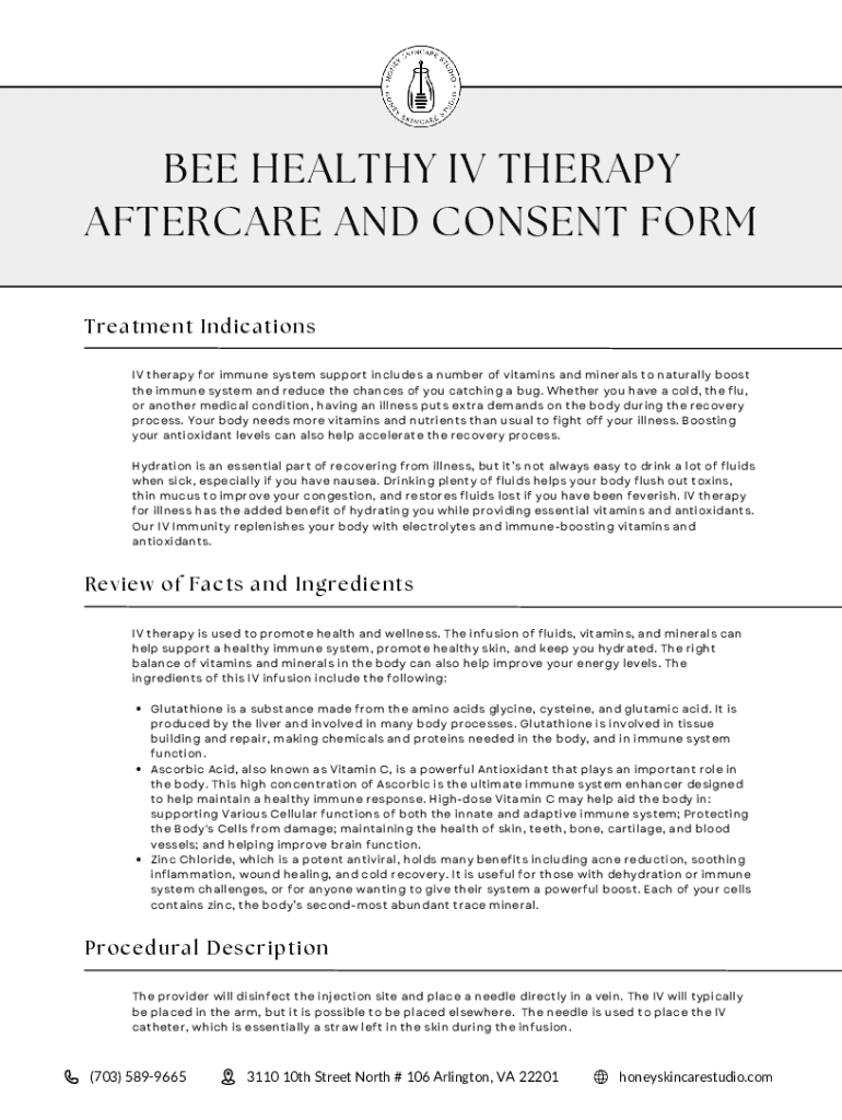 Fillable Online Bee Healthy IV Therapy Aftercare and Consent Form Fax ...