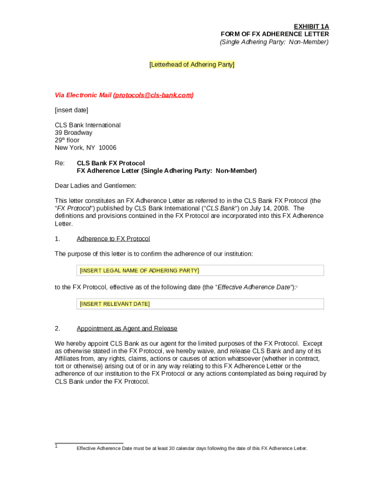 FX of Adherence Letter - Exhibit 1A Doc Template | pdfFiller