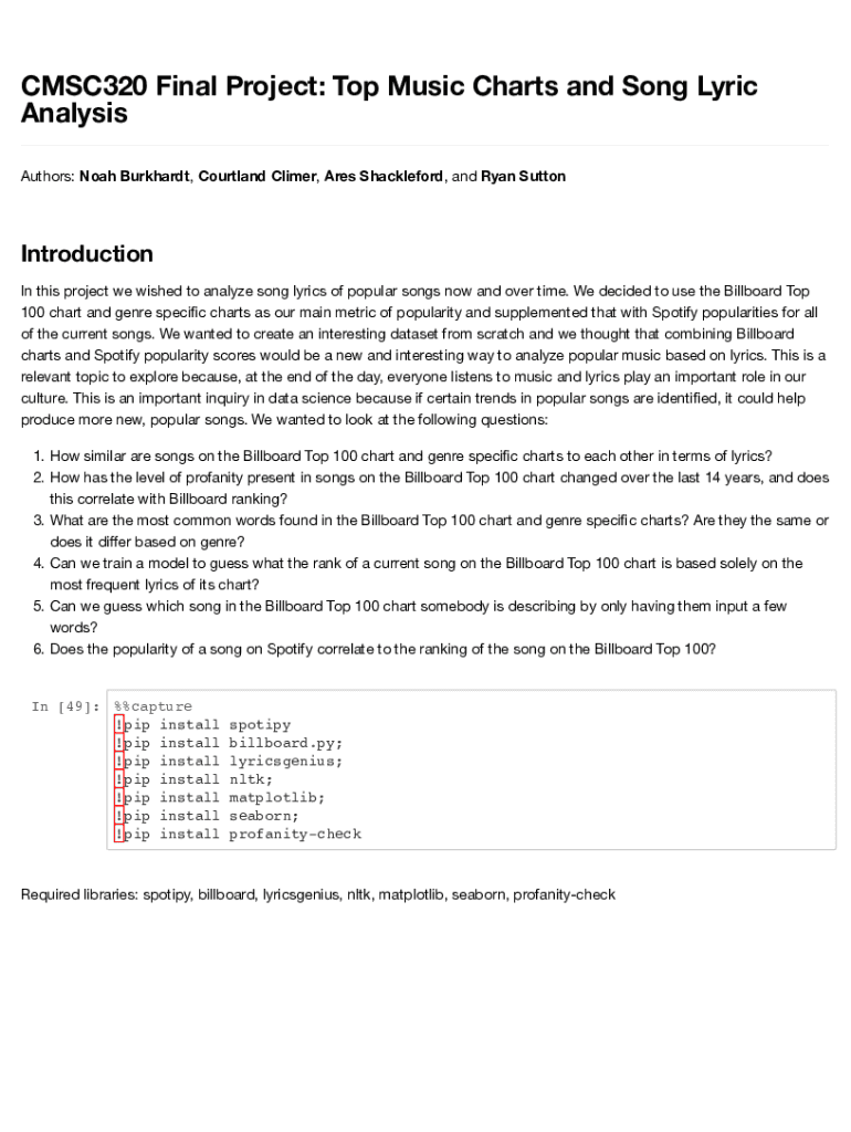 Fillable Online Top Music Charts and Song Lyric Analysis - Noah ...