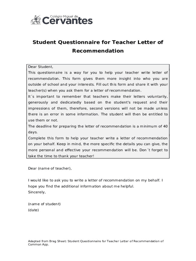 Brag sheet:Student questionnaire for teacher letter of ... Doc Template ...