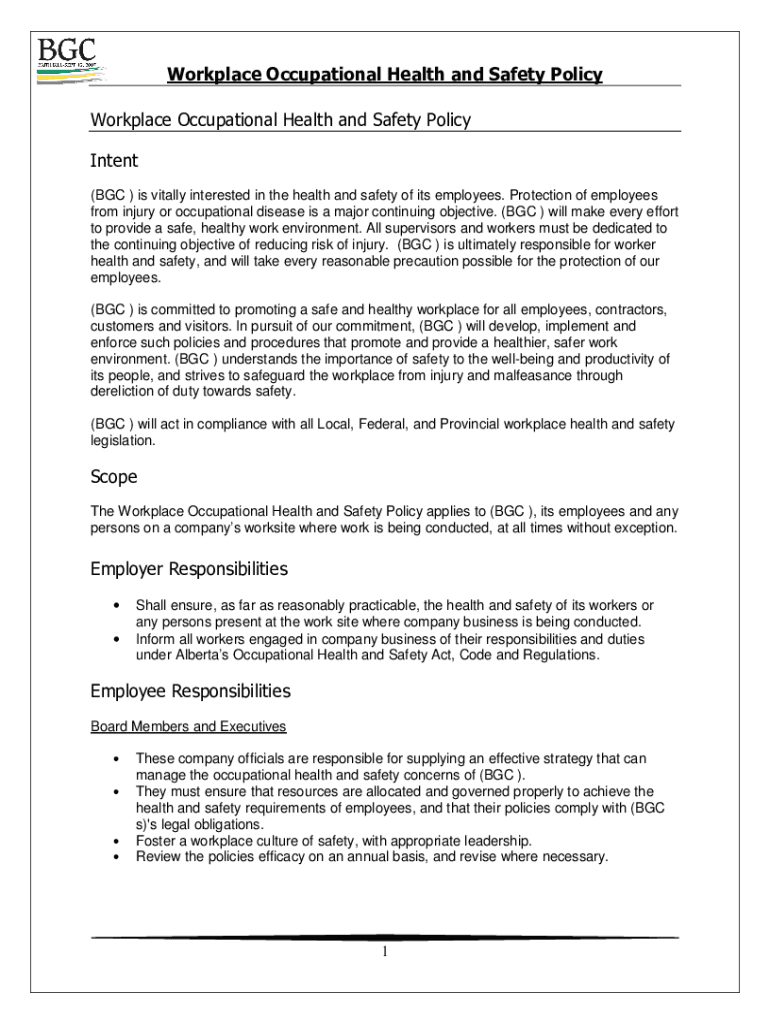 Fillable Online Workplace Occupational Health and Safety Policy ...