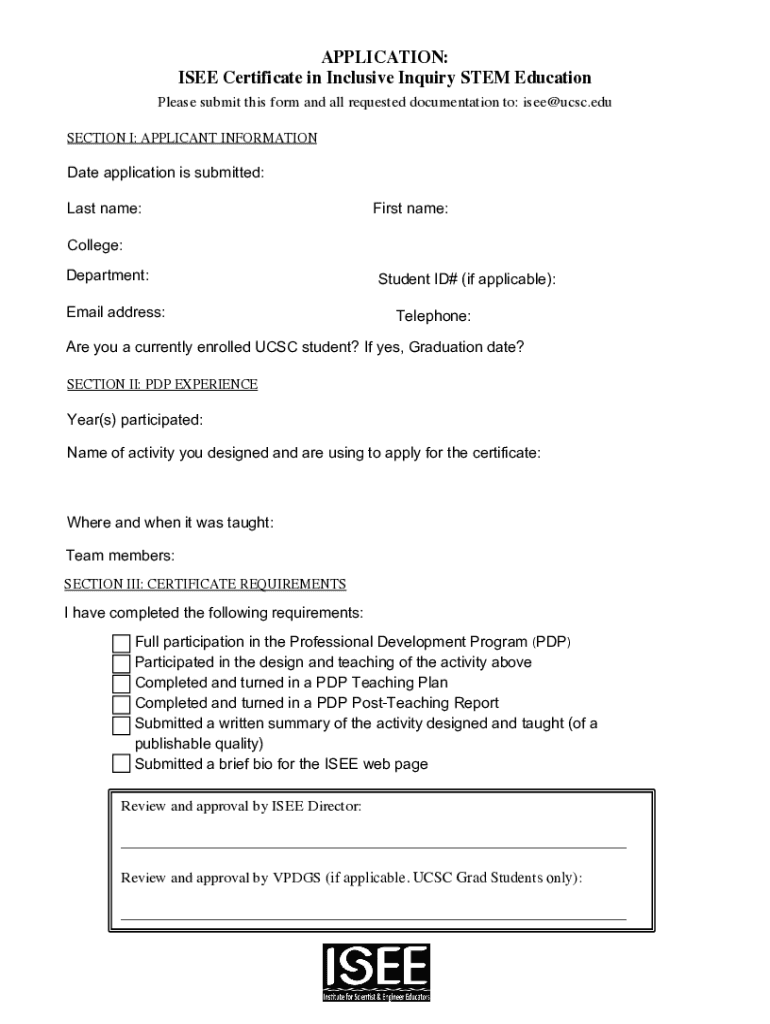 Fillable Online isee ucsc ISEE Certificate in Inclusive Inquiry STEM Education Fax Email Print ...
