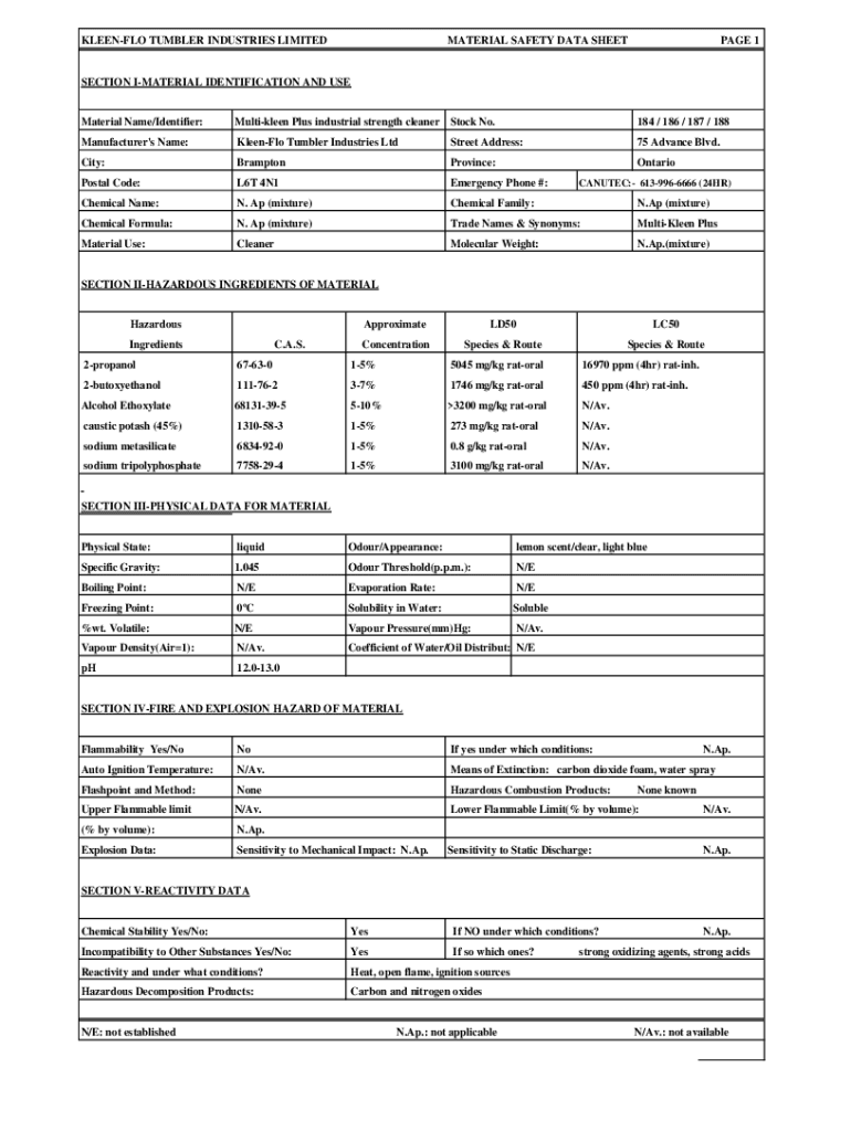 Fillable Online Multi-kleen Plus industrial strength cleaner MSDS Fax ...