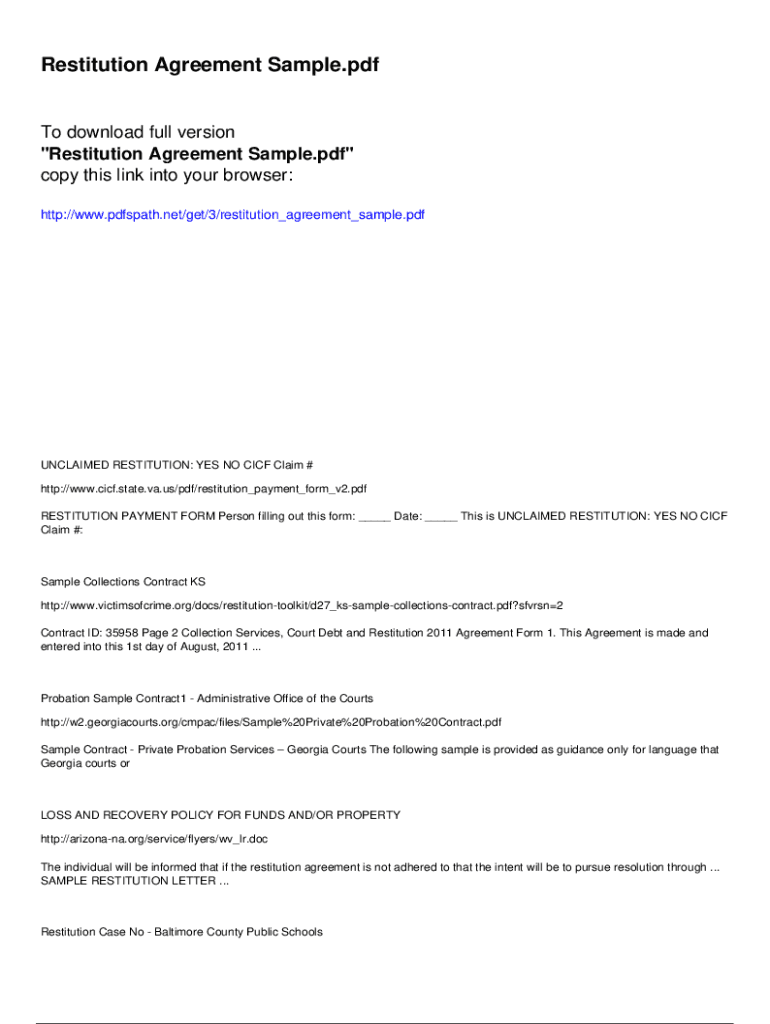 Fillable Online Restitution Agreement Template - Fill Online, Printable ... Fax Email Print ...