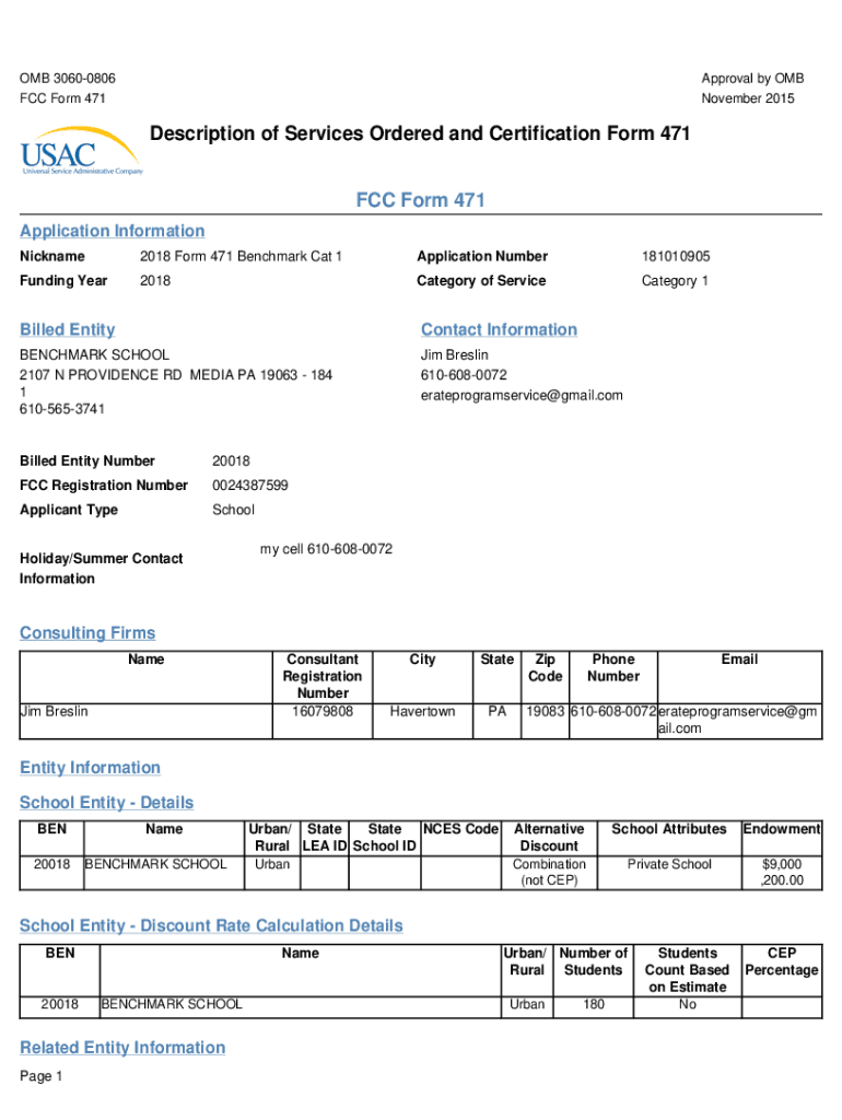 Fillable Online 2018 Form 471 Benchmark Cat 1 Fax Email Print - pdfFiller