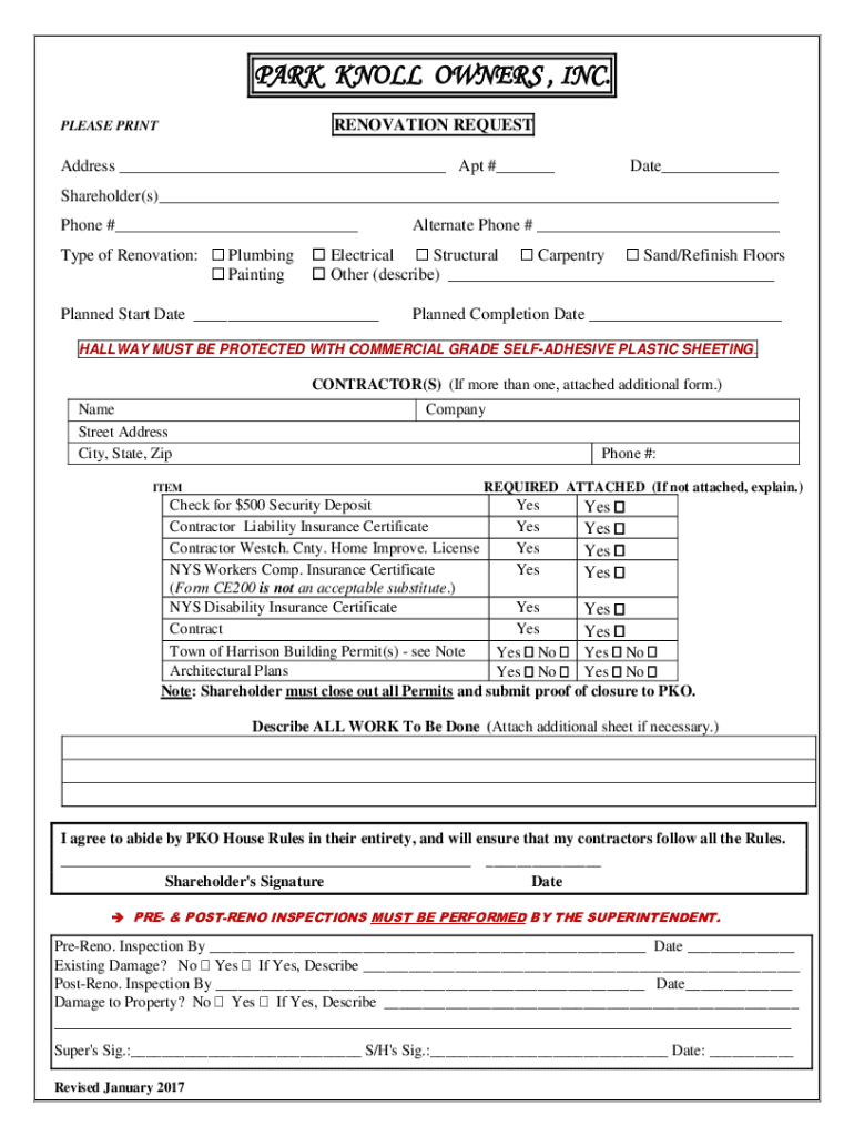 Fillable Online PKO Renovation Request Fax Email Print - pdfFiller