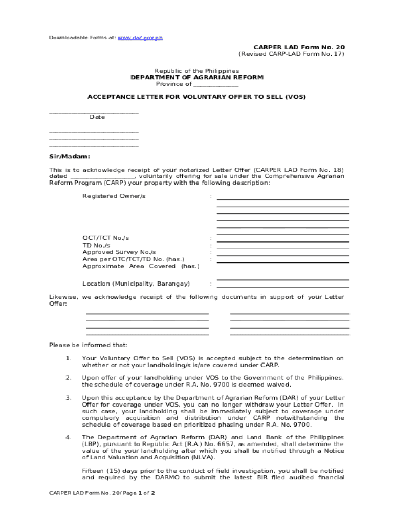 ACCEPTANCE LETTER FOR VOLUNTARY OFFER TO SELL (VOS) Doc Template ...