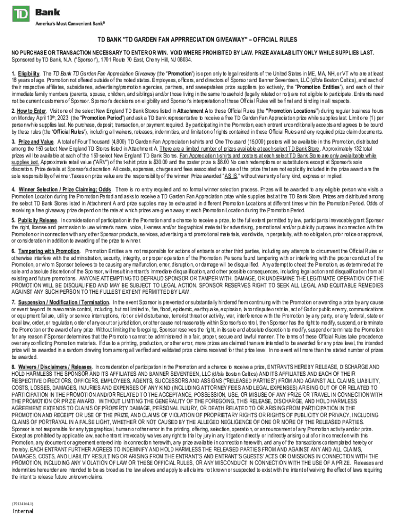 Fillable Online Internal TD BANK "TD GARDEN FAN APPRRECIATION ... Fax ...