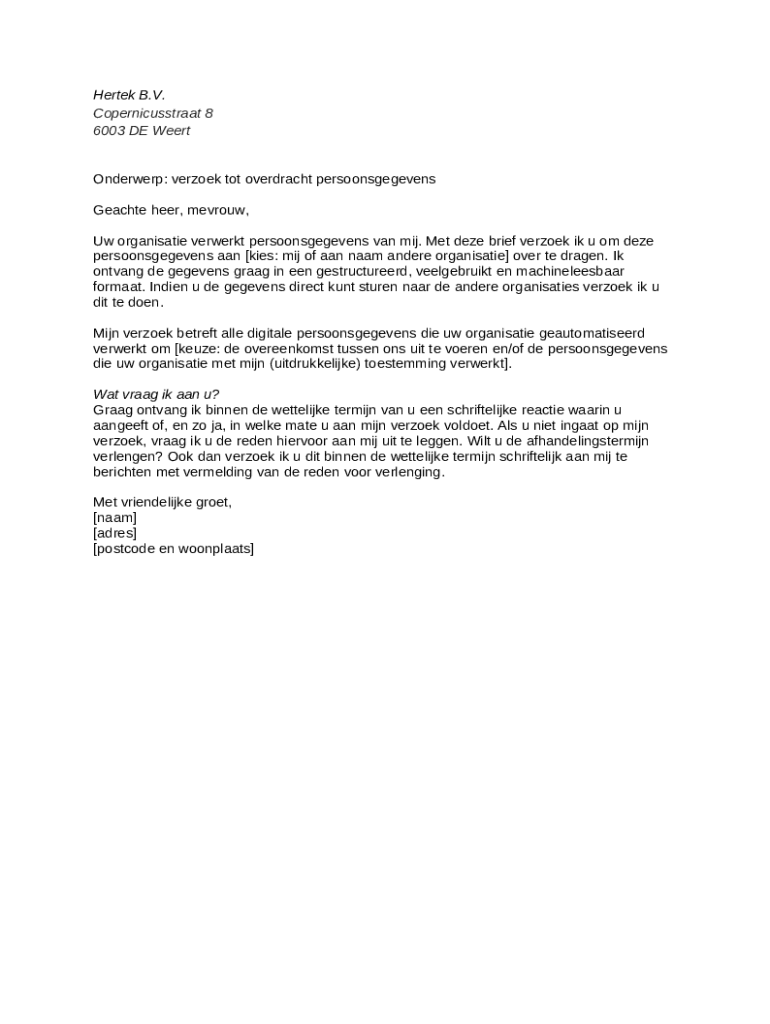 voorbeeldbrief verzoek om dataportabiliteit Doc Template | pdfFiller