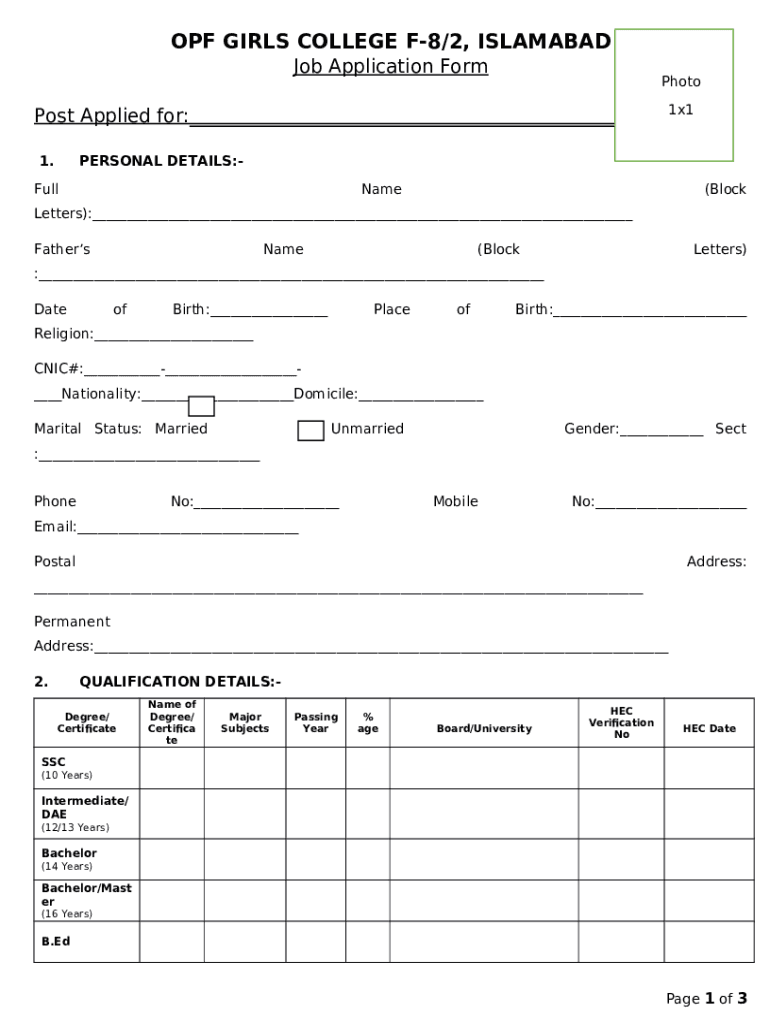 OPF GIRLS COLLEGE F-8/2, ISLAMABAD Job Application ... Doc Template ...