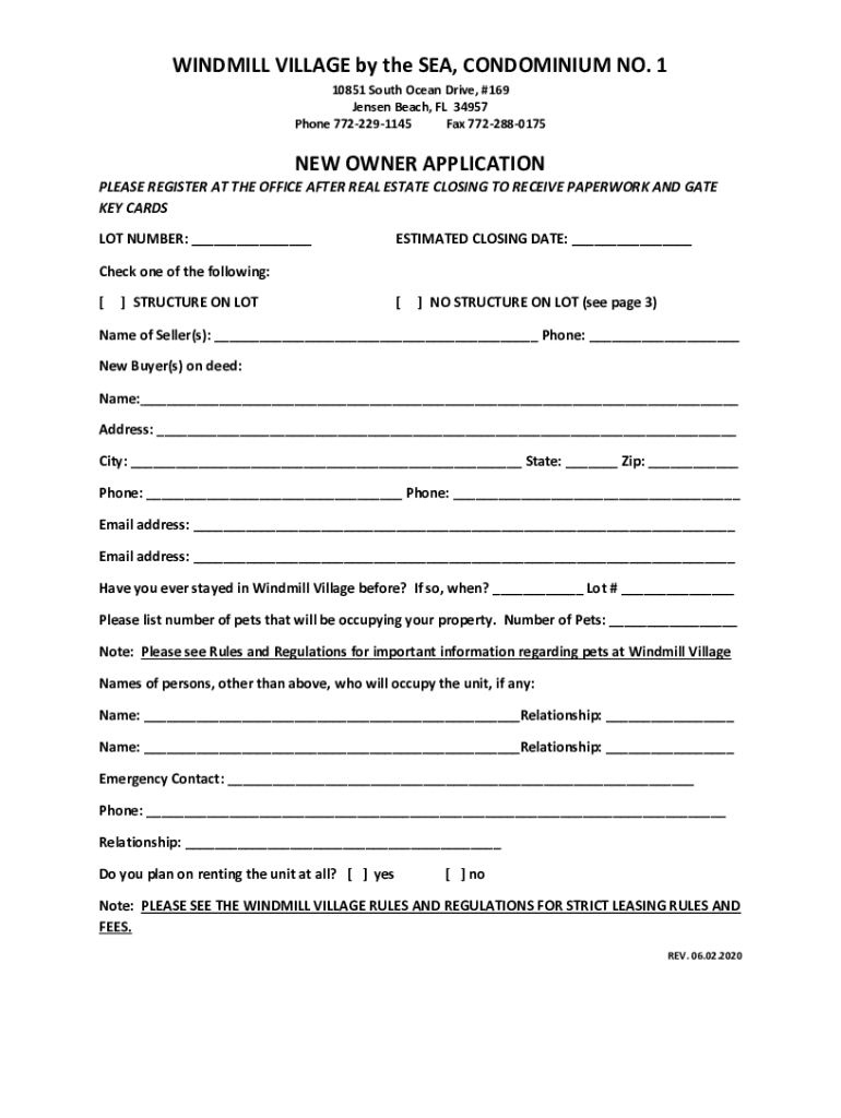 Fillable Online new owner application - Windmill Village by the Sea ...