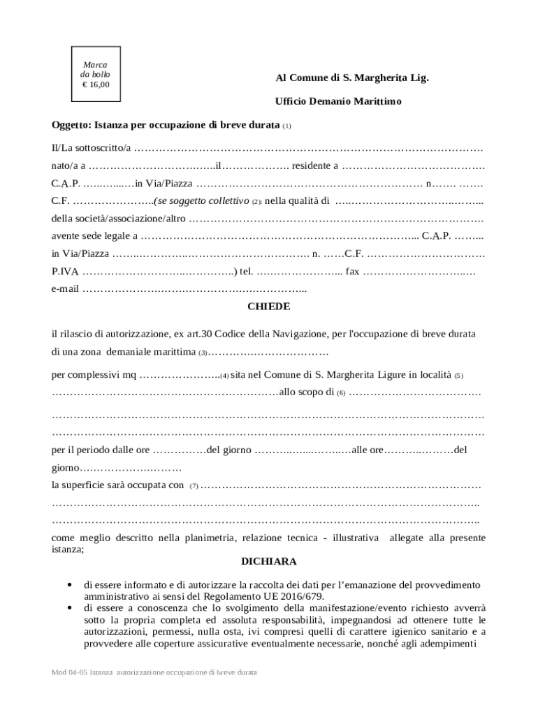richiesta per occupazione temporanea di area demaniale ... Doc Template ...
