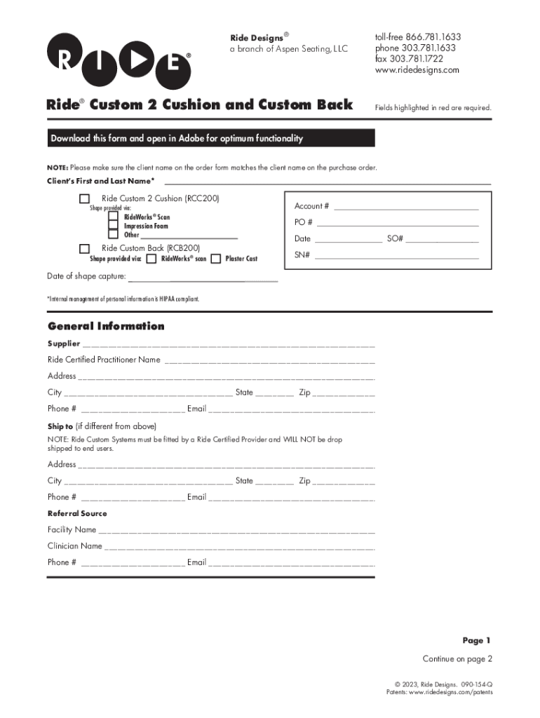 Fillable Online Fillable Online Ride Custom 2 Cushion and Custom Back ...