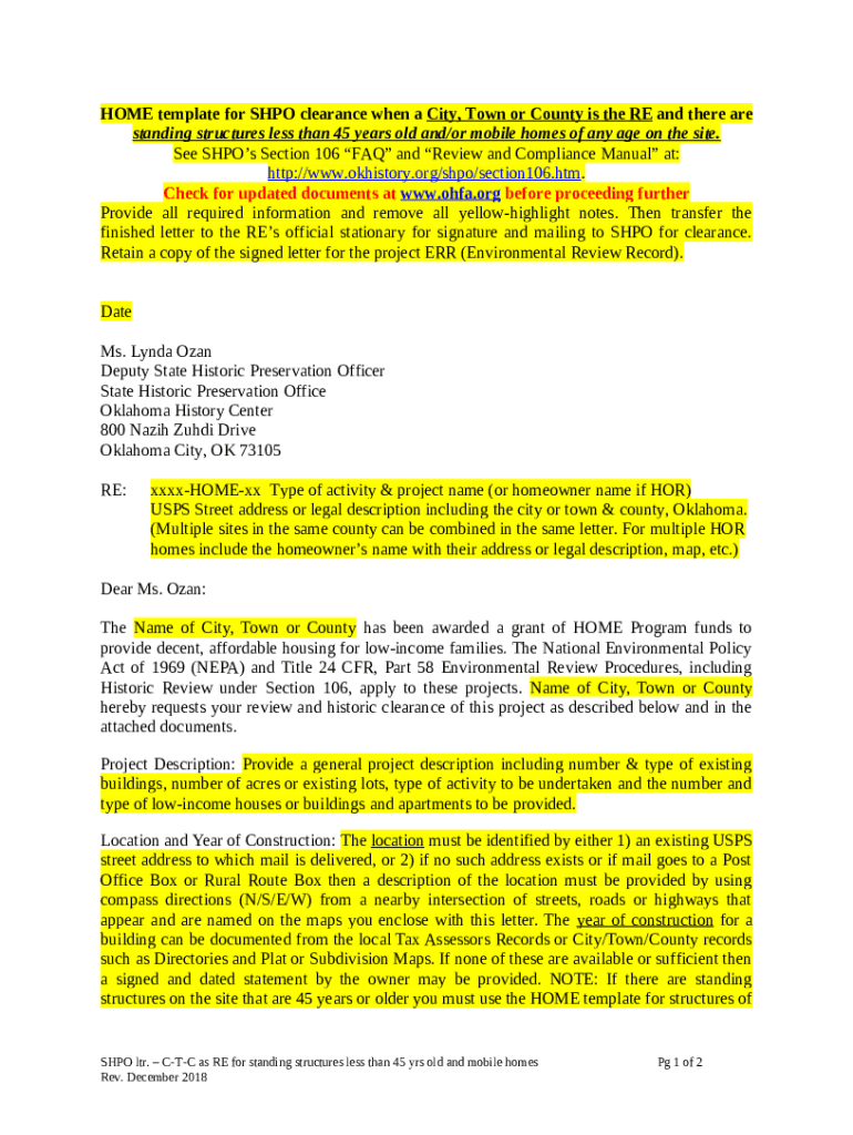 HOME template for SHPO clearance when a City, Town or County is the RE ...