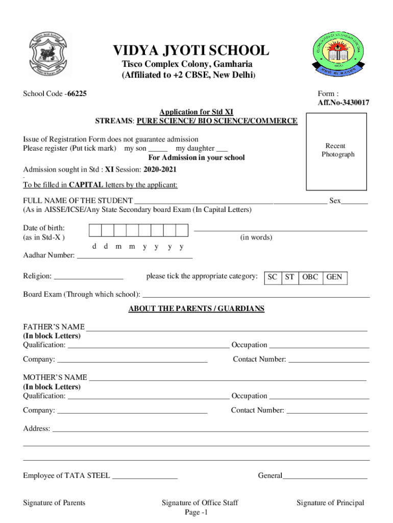 Fillable Online Admission form Std-XI 2021-20221.pdf - VIDYA JYOTI SCHOOL Fax Email Print ...