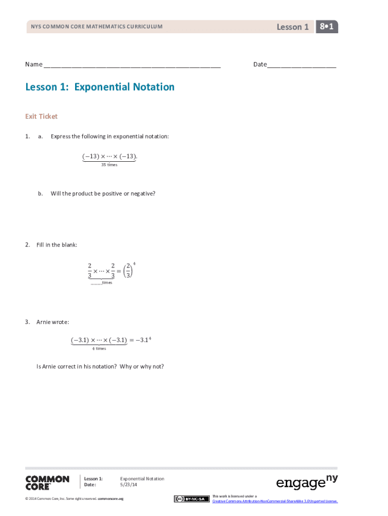 Fillable Online 8th Grade Eureka Math Module 1 - Exponential Notation ...