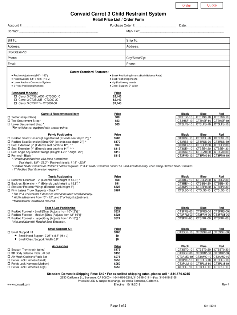 Fillable Online Convaid Carrot 3 Special Needs Child Restraint System ...