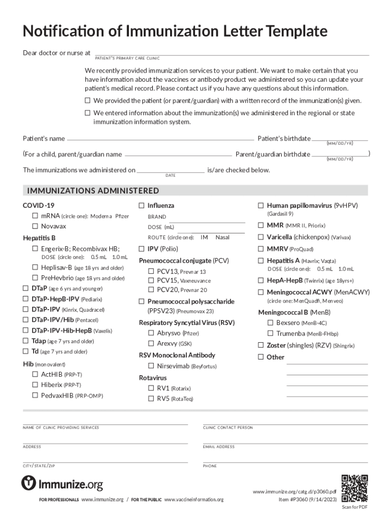 Fillable Online Notification of Immunization Letter Template Fax Email ...