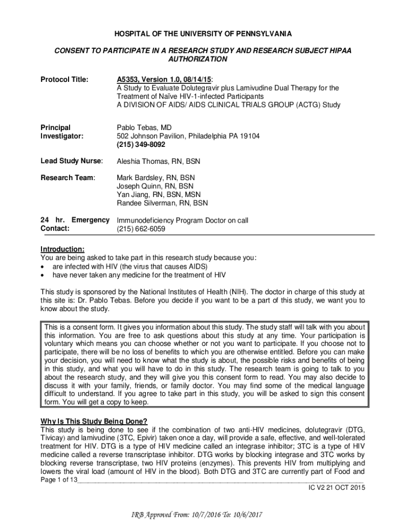 Fillable Online IRB Approval from 10/30/15 to 10/8/16 - Penn Medicine ...