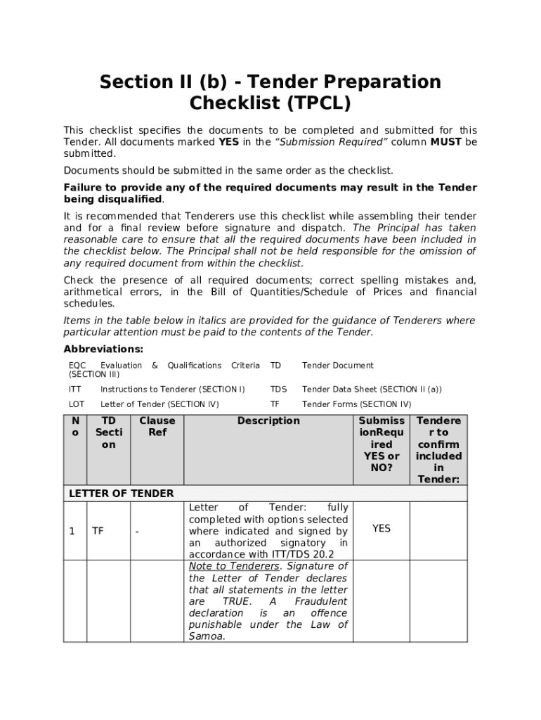 Section II (b) - Tender Preparation Checklist (TPCL) Doc Template ...