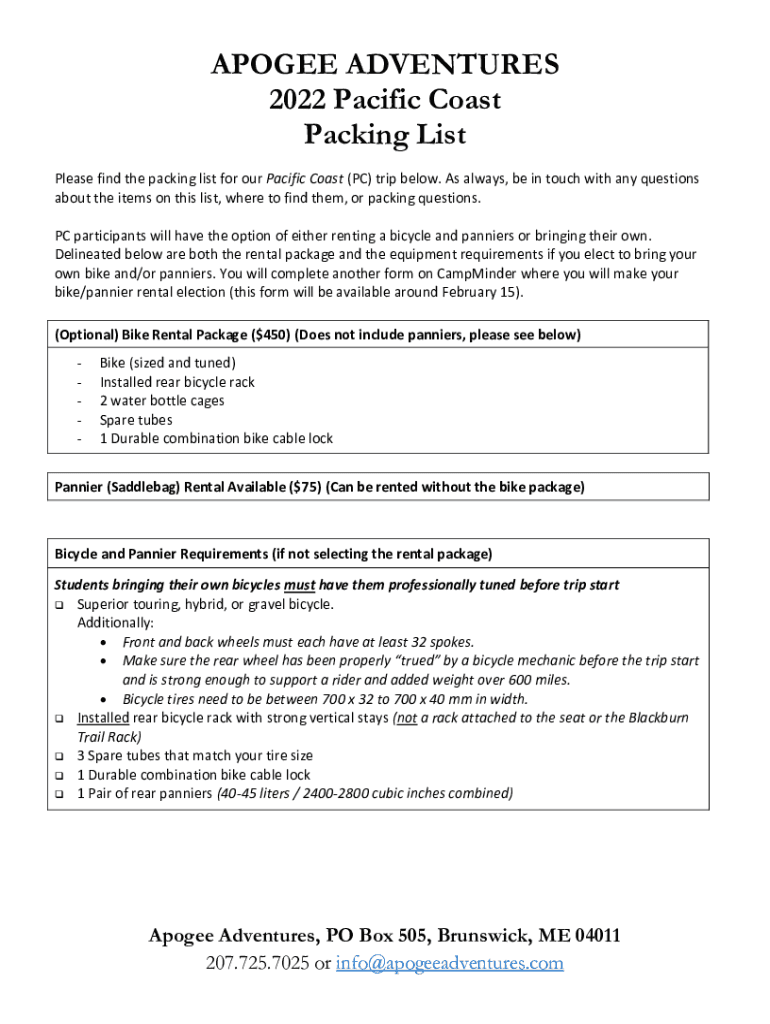 Fillable Online Please find the packing list for our Pacific Coast (PC) trip below Fax Email ...