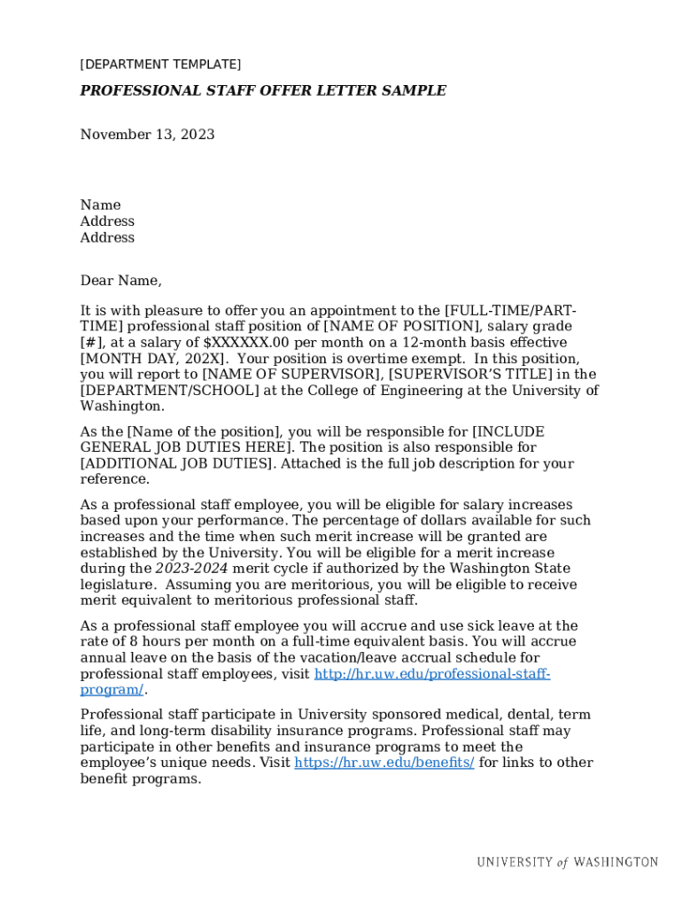 PROFESSIONAL STAFF OFFER LETTER SAMPLE Doc Template | pdfFiller