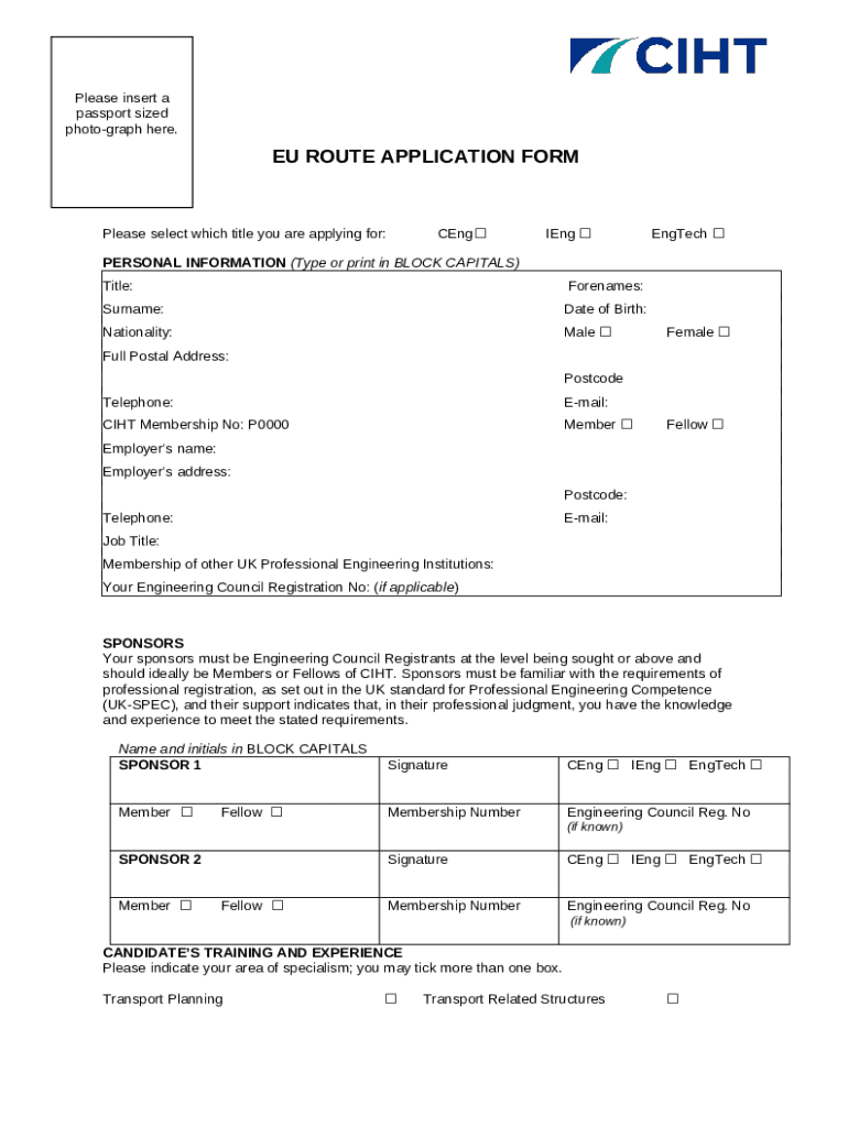 APPLICATION FOR CHARTERED ENGINEER EU Route Doc Template | pdfFiller