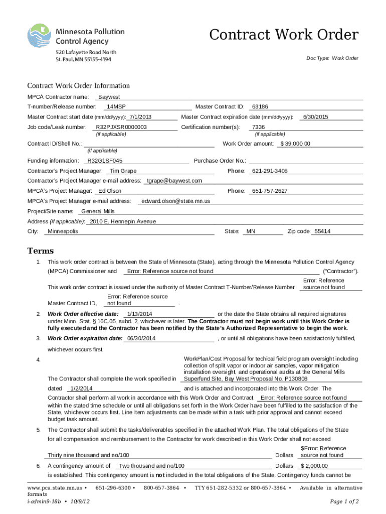 Contract Work Order Doc Template | pdfFiller