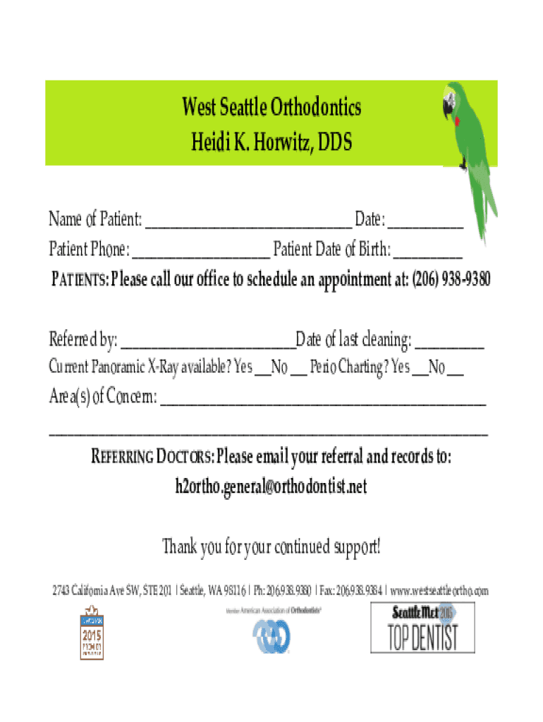 Fillable Online West Seattle Orthodontics Heidi K. Horwitz, DDS Fax ...