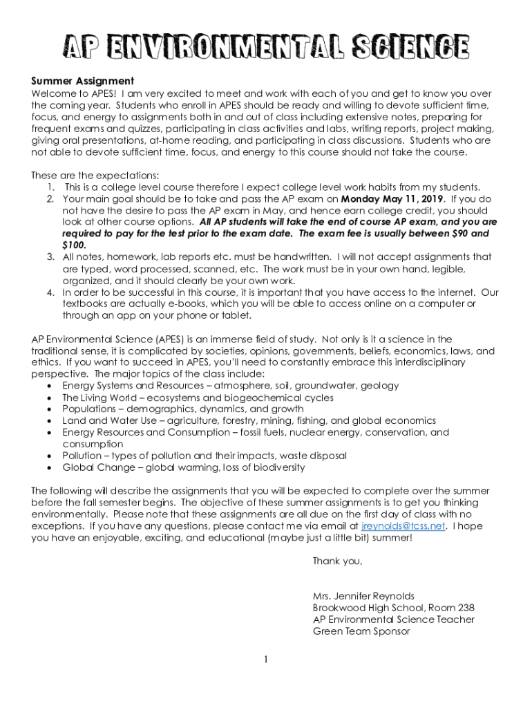 Fillable Online Dear AP Environmental Science Student, Welcome to APES ...