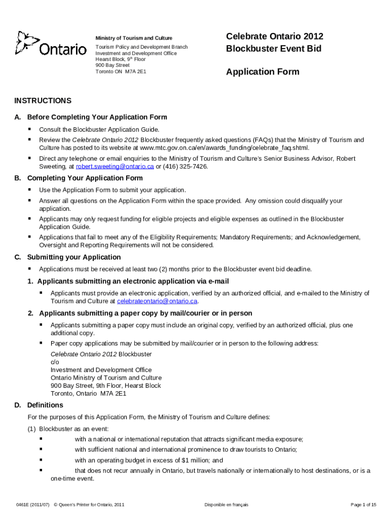 Celebrate Ontario 2012 Blockbuster Event Bid Application Doc Template | pdfFiller