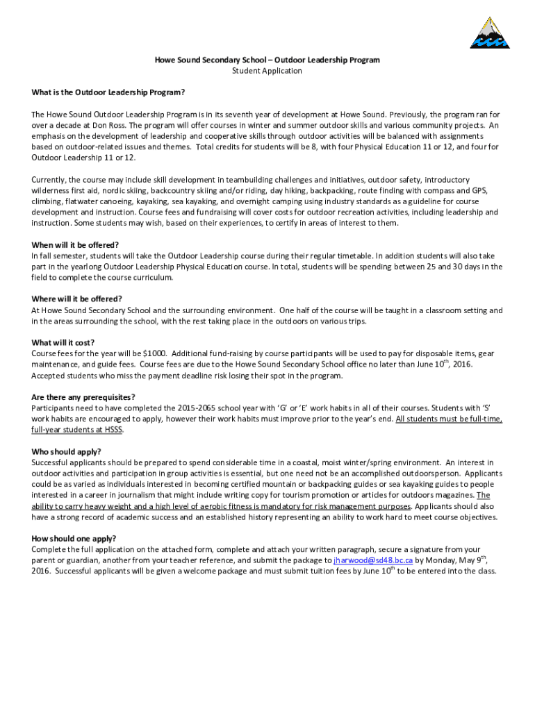Fillable Online Outdoor Leadership Program Student Application Fax ...