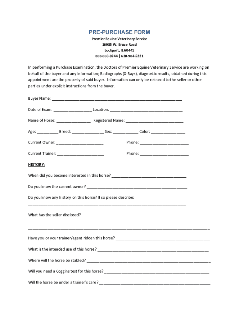 Fillable Online PRE-PURCHASE FORM - Equine Veterinary Services Fax ...