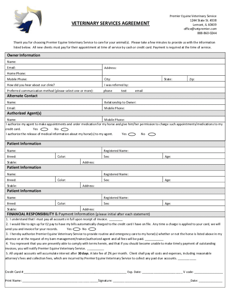 Fillable Online VETERINARY SERVICES AGREEMENT - Equine Veterinary ...