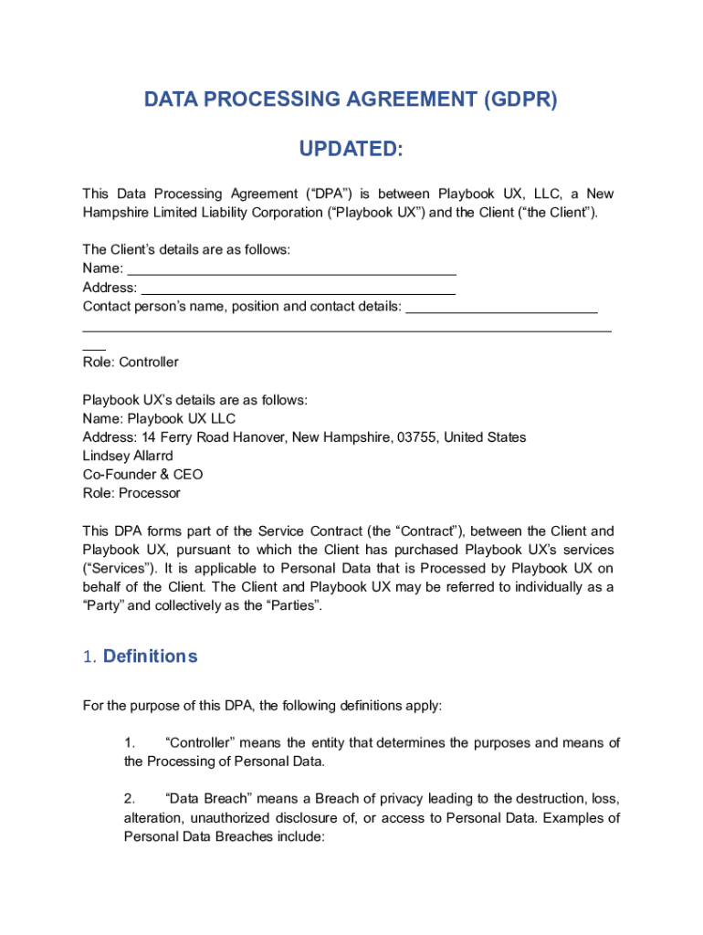 Fillable Online Data Processing Agreements Playbook Template Fax Email ...
