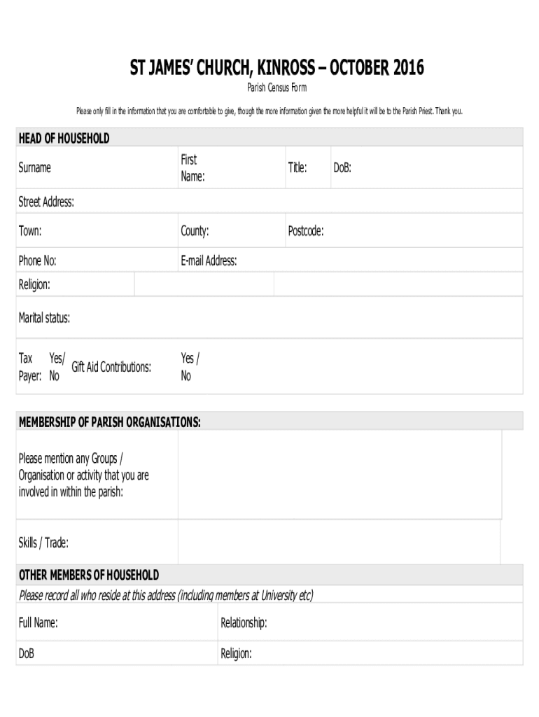 Fillable Online Confidential Census Form for St. James Catholic Church ...
