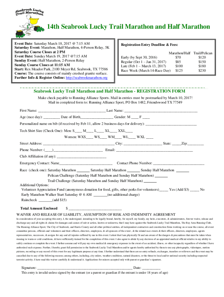 Fillable Online Seabrook Lucky Trail Marathon, Half Marathon, and Relay ...