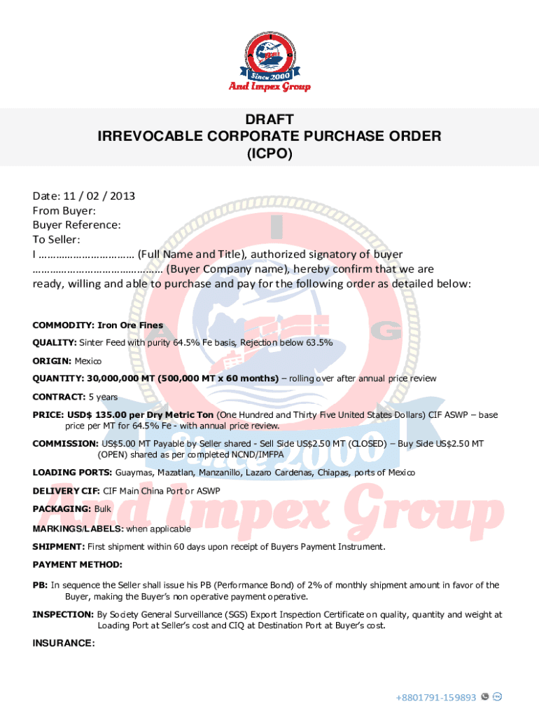 Fillable Online Irrevocable corporate purchase order: Fill out & sign ...