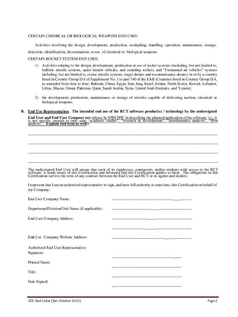 Fillable Online End User Certification for Use of Red Cedar Technology ...