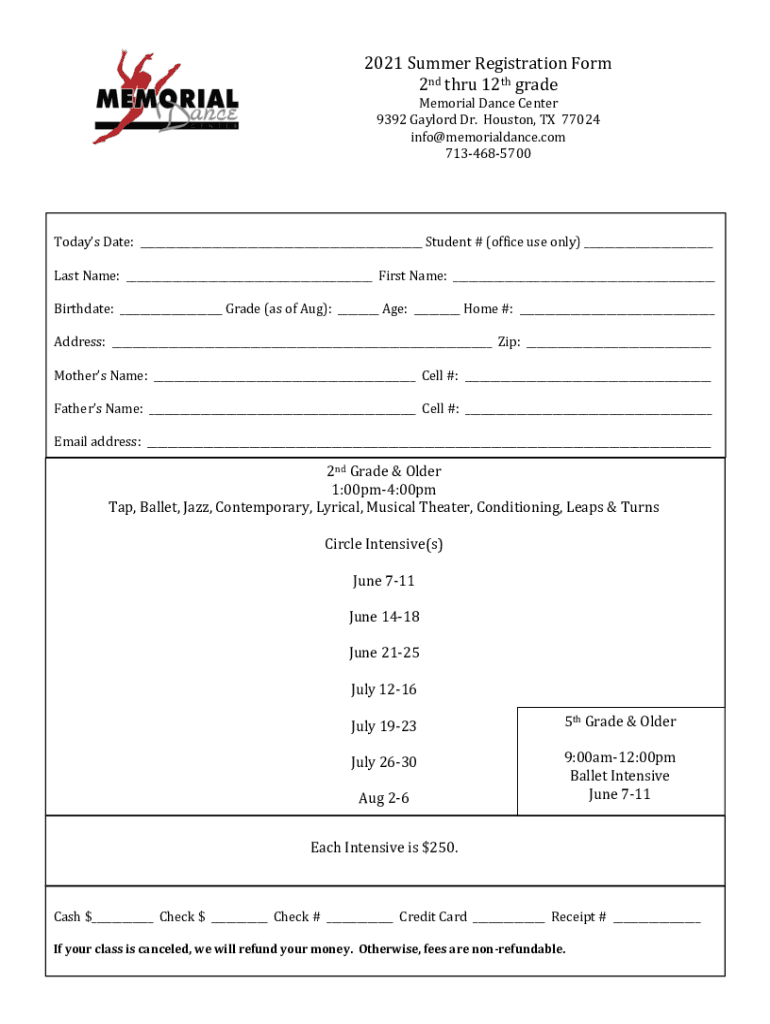 Fillable Online 2021 Summer Reg Form Ages 2nd grade and older.docx Fax Email Print - pdfFiller