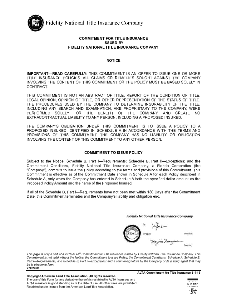 Fillable Online COMMITMENT FOR TITLE INSURANCE ISSUED BY ... Fax Email ...