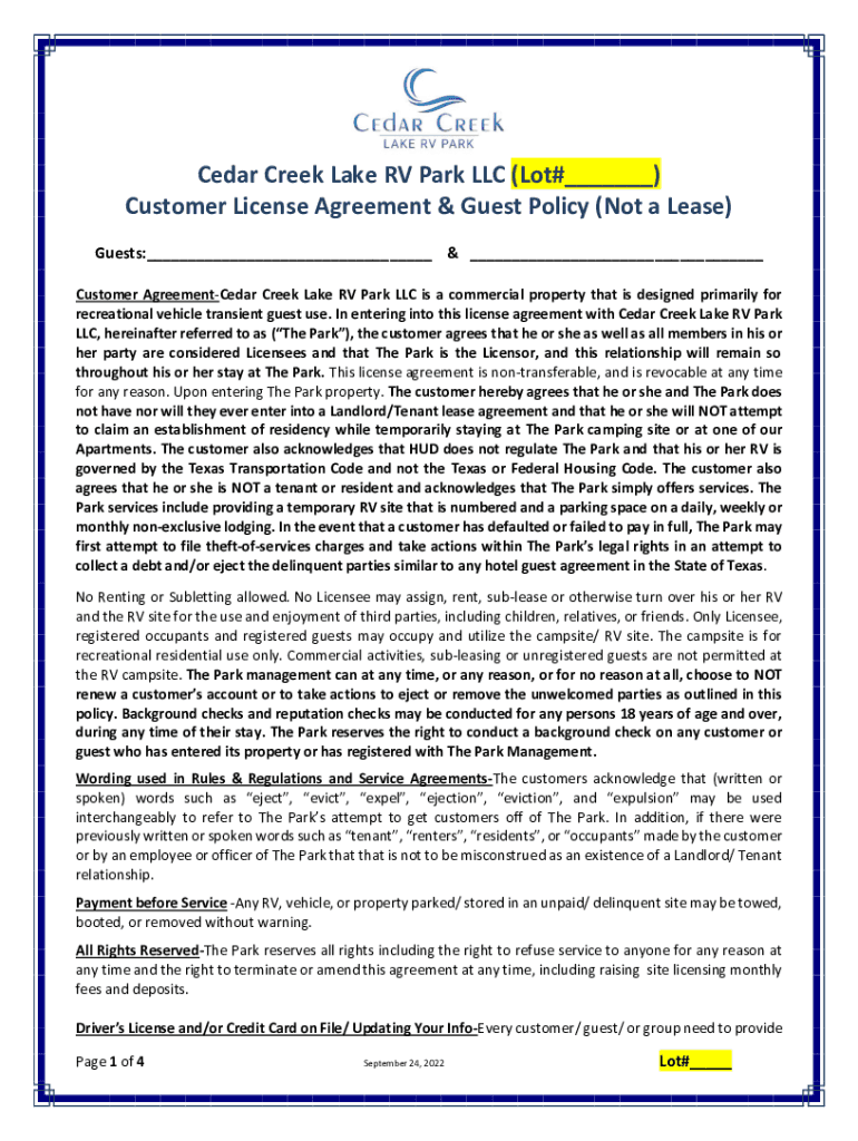 Fillable Online Cedar Creek Lake RV Park LLC Lot Guest Agreement & $50 ...