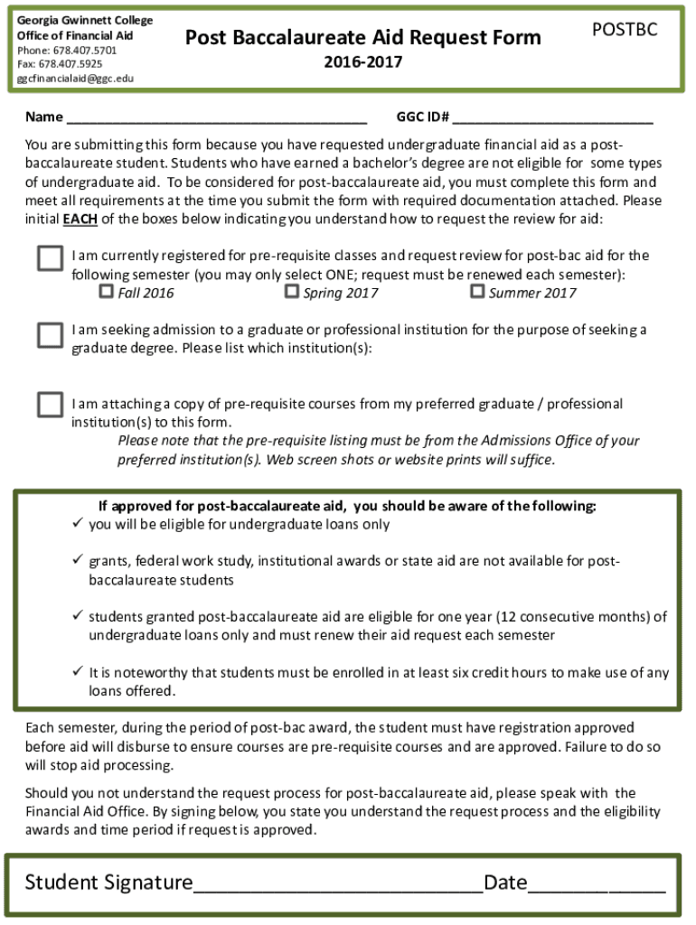 Fillable Online ggc gabest usg Post Baccalaureate Aid Request Form Fax Email Print - pdfFiller