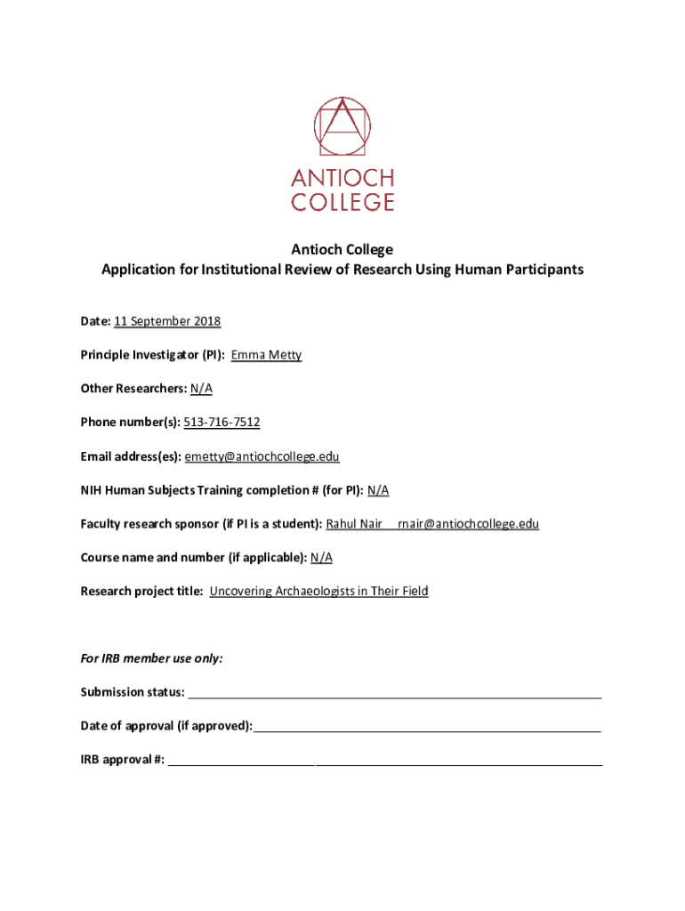 Fillable Online Antioch College Application for Institutional Review of ...