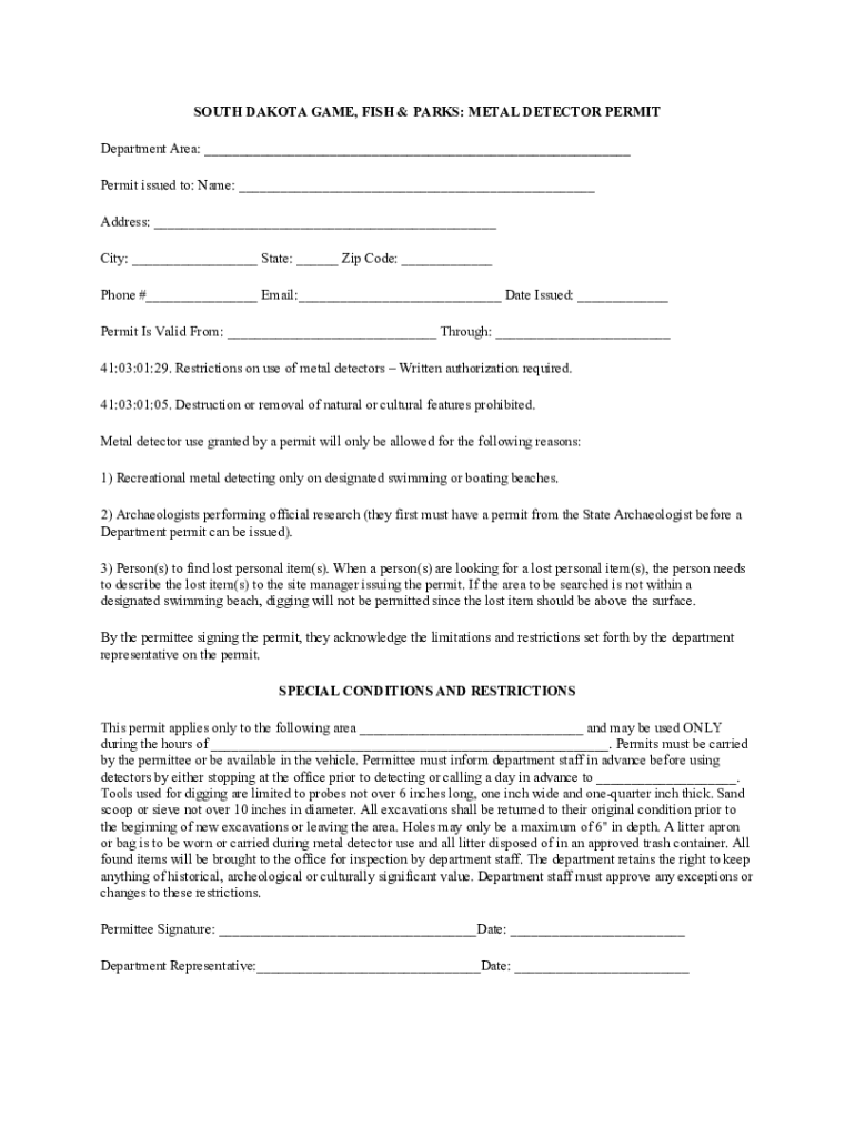 Fillable Online gfp sd SOUTH DAKOTA GAME, FISH & PARKS: METAL DETECTOR ...
