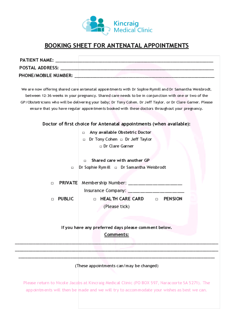 Fillable Online BOOKING SHEET FOR ANTENATAL APPOINTMENTS Fax Email ...