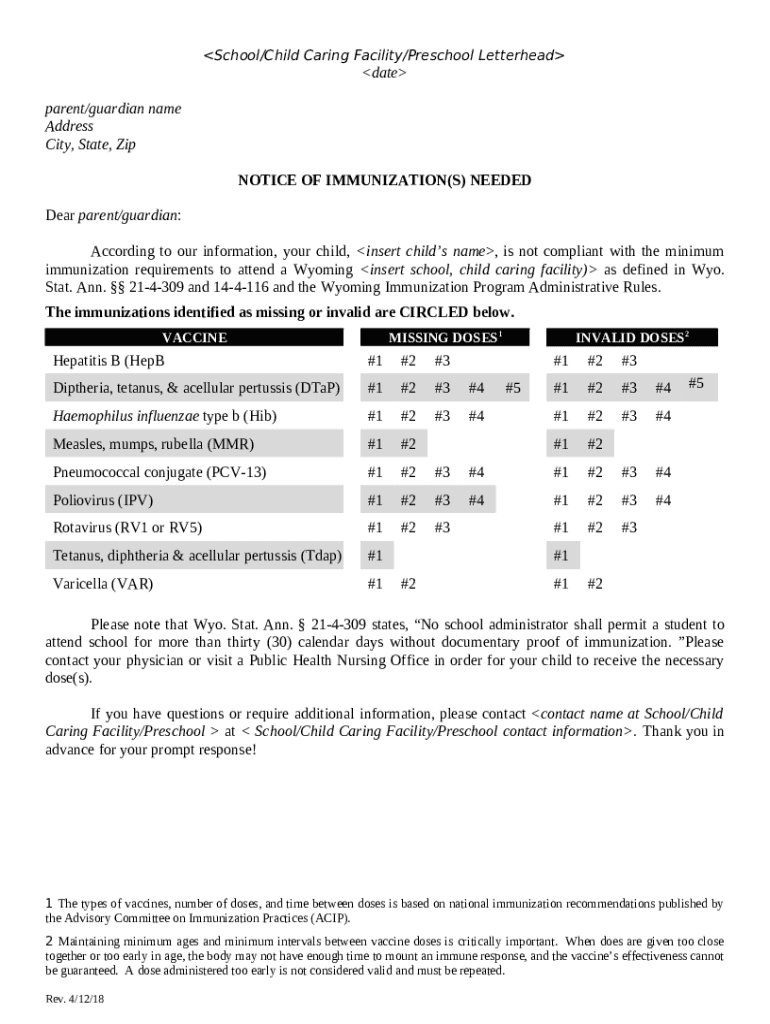 NOTICE OF IMMUNIZATION(S) NEEDED Doc Template | pdfFiller